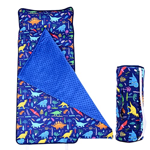 Cloele Dinosaur Toddler Nap Mat with Reusable Pillow and Minky Blanket - Kids Sleeping Bag for Boys 50"x20" Blue Kids Preschool Nap Sack - Soft Perfect for Kindergarten Sleeping Mat Travel Sleepovers