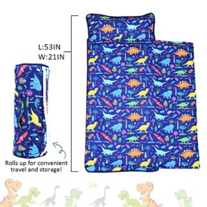 Cloele Dinosaur Toddler Nap Mat with Reusable Pillow and Minky Blanket - Kids Sleeping Bag for Boys 50"x20" Blue Kids Preschool Nap Sack - Soft Perfect for Kindergarten Sleeping Mat Travel Sleepovers