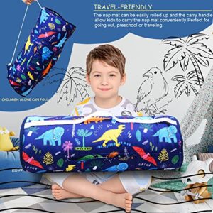 Cloele Dinosaur Toddler Nap Mat with Reusable Pillow and Minky Blanket - Kids Sleeping Bag for Boys 50"x20" Blue Kids Preschool Nap Sack - Soft Perfect for Kindergarten Sleeping Mat Travel Sleepovers