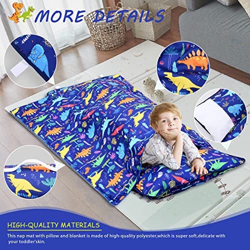 Cloele Dinosaur Toddler Nap Mat with Reusable Pillow and Minky Blanket - Kids Sleeping Bag for Boys 50"x20" Blue Kids Preschool Nap Sack - Soft Perfect for Kindergarten Sleeping Mat Travel Sleepovers