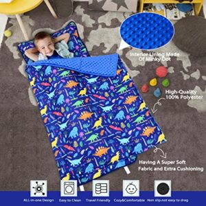 Cloele Dinosaur Toddler Nap Mat with Reusable Pillow and Minky Blanket - Kids Sleeping Bag for Boys 50"x20" Blue Kids Preschool Nap Sack - Soft Perfect for Kindergarten Sleeping Mat Travel Sleepovers