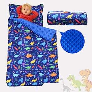 Cloele Dinosaur Toddler Nap Mat with Reusable Pillow and Minky Blanket - Kids Sleeping Bag for Boys 50"x20" Blue Kids Preschool Nap Sack - Soft Perfect for Kindergarten Sleeping Mat Travel Sleepovers