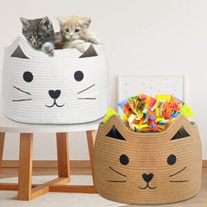 2 pieces large cat toy basket woven cotton rope storage basket large cute cat laundry basket organizer animal design toy storage organizer baby hamper cat nursery bins boxes, white, brown