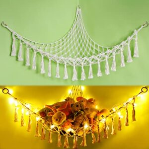 hautoco stuffed animal net or hammock with led light and hooks, hammock corner for stuffed animal storage, boho hanging stuffed animal net for bedroom nursery decor