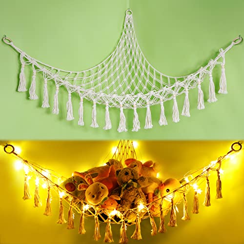 HAUTOCO Stuffed Animal Net or Hammock with LED Light and Hooks, Hammock Corner for Stuffed Animal Storage, Boho Hanging Stuffed Animal Net for Bedroom Nursery Decor