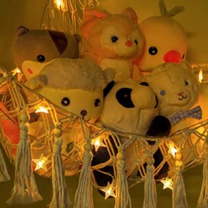 HAUTOCO Stuffed Animal Net or Hammock with LED Light and Hooks, Hammock Corner for Stuffed Animal Storage, Boho Hanging Stuffed Animal Net for Bedroom Nursery Decor