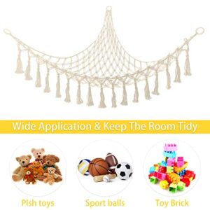 HAUTOCO Stuffed Animal Net or Hammock with LED Light and Hooks, Hammock Corner for Stuffed Animal Storage, Boho Hanging Stuffed Animal Net for Bedroom Nursery Decor