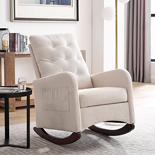 JEEOHEY Nursery Rocking Chair, Modern Upholstered Button Tufted Fabric Rocker Glider Chairs Single Sofa Armchair w/Solid Wood Legs, Side Pockets for Nursery Room, Living Room, Beige