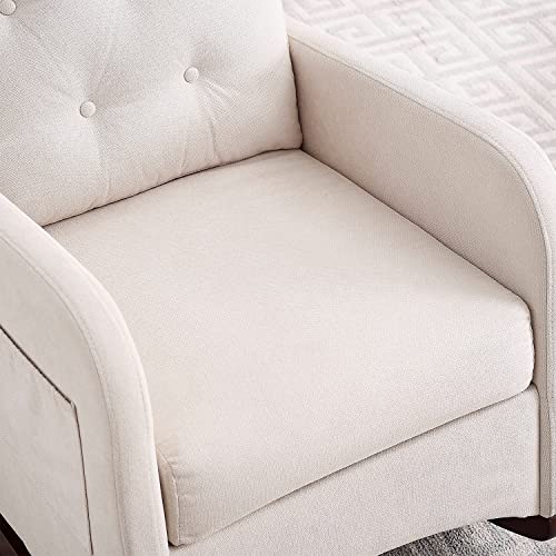 JEEOHEY Nursery Rocking Chair, Modern Upholstered Button Tufted Fabric Rocker Glider Chairs Single Sofa Armchair w/Solid Wood Legs, Side Pockets for Nursery Room, Living Room, Beige