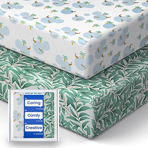 Crib Sheets for Boys, TotBasic Ultra Breathable Fitted Crib Sheet, Premium Soft Crib Mattress Sheet Fitted, Super Stretchy Baby Sheets for Crib 28''x52''x9'' Extra Deep Pocket (Tiger & Green Jungle)