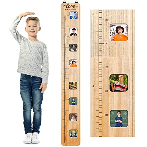 Wood Growth Chart for Kids with Picture Frames Boho Wooden Height Measurement Ruler Milestone Markers Foldable Height Chart for Kids Measuring Chart for Wall Boy Girl Room Nursery Decor Keepsake Gift