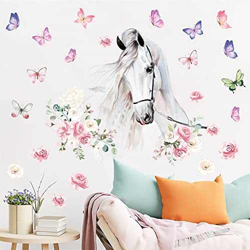 White Horses Wall Decals Farm Animal Decals Peel and Stick Wild Horse Wall Decor Butterfly Flowers Wall Stickers Horses Wall Art Mural for Living Room Kids Bedroom Nursery Farmhouse Office Decor Gift