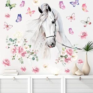 White Horses Wall Decals Farm Animal Decals Peel and Stick Wild Horse Wall Decor Butterfly Flowers Wall Stickers Horses Wall Art Mural for Living Room Kids Bedroom Nursery Farmhouse Office Decor Gift