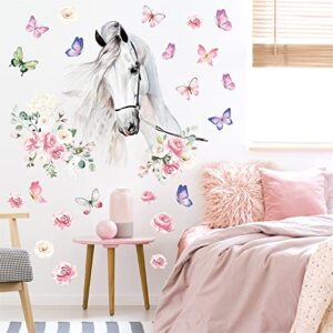 White Horses Wall Decals Farm Animal Decals Peel and Stick Wild Horse Wall Decor Butterfly Flowers Wall Stickers Horses Wall Art Mural for Living Room Kids Bedroom Nursery Farmhouse Office Decor Gift