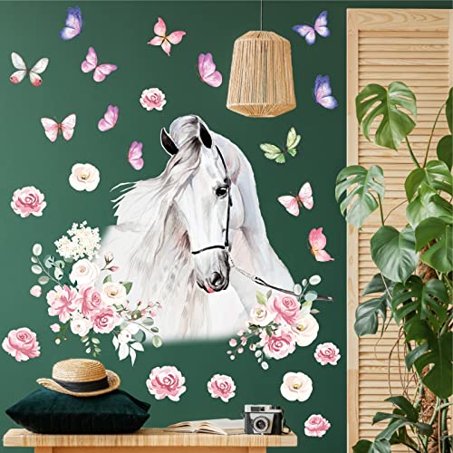 White Horses Wall Decals Farm Animal Decals Peel and Stick Wild Horse Wall Decor Butterfly Flowers Wall Stickers Horses Wall Art Mural for Living Room Kids Bedroom Nursery Farmhouse Office Decor Gift