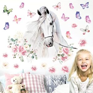 White Horses Wall Decals Farm Animal Decals Peel and Stick Wild Horse Wall Decor Butterfly Flowers Wall Stickers Horses Wall Art Mural for Living Room Kids Bedroom Nursery Farmhouse Office Decor Gift