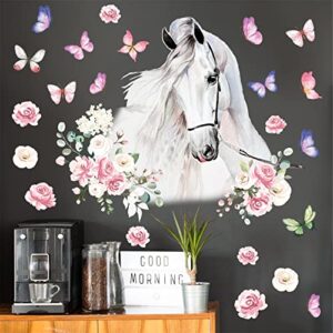 White Horses Wall Decals Farm Animal Decals Peel and Stick Wild Horse Wall Decor Butterfly Flowers Wall Stickers Horses Wall Art Mural for Living Room Kids Bedroom Nursery Farmhouse Office Decor Gift