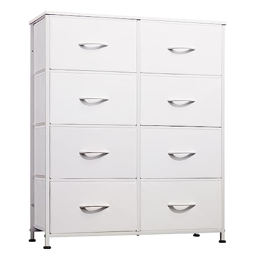 WLIVE Fabric Dresser for Bedroom, Tall Dresser with 8 Drawers, Storage Tower with Fabric Bins, Double Dresser, Chest of Drawers for Kid's Room, Closet, Playroom, Nursery, Dormitory, White