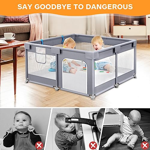 ZESHWER Baby Playpen, Playpen for Babies with Gate, 50”×50” Large Playpen for Toddlers, Baby Fence Play Area, Sturdy Safety Baby Play Yard with Soft Breathable Mesh, Grey