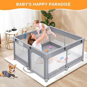 ZESHWER Baby Playpen, Playpen for Babies with Gate, 50”×50” Large Playpen for Toddlers, Baby Fence Play Area, Sturdy Safety Baby Play Yard with Soft Breathable Mesh, Grey