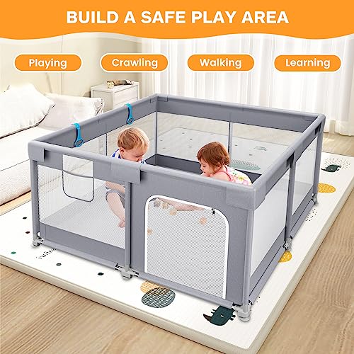 ZESHWER Baby Playpen, Playpen for Babies with Gate, 50”×50” Large Playpen for Toddlers, Baby Fence Play Area, Sturdy Safety Baby Play Yard with Soft Breathable Mesh, Grey