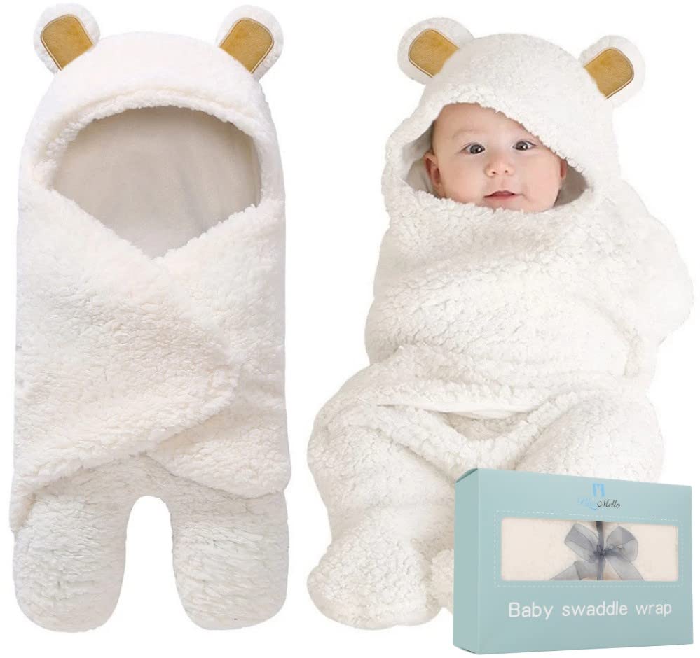 BlueMello Baby Bear Swaddle Blanket | Ultra-Soft Plush Essential for Infants 0-6 Months | Receiving Swaddling Wrap White | Ideal Newborn Registry and Toddler Boy Accessories | Perfect