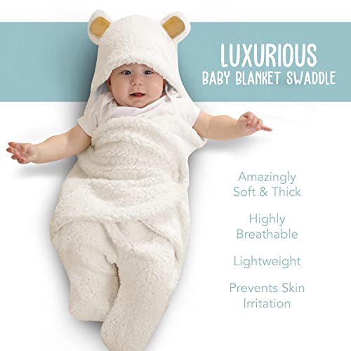 BlueMello Baby Bear Swaddle Blanket | Ultra-Soft Plush Essential for Infants 0-6 Months | Receiving Swaddling Wrap White | Ideal Newborn Registry and Toddler Boy Accessories | Perfect