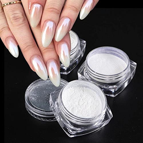 4Pack Pearl Chrome Nail Powder White Pearl Mirror Effect Magic Pearlescent White Nail Powder Pigment High Gloss Glitter Nail Art, Holographic Ice Aurora Dust Nail Powder for Home DIY