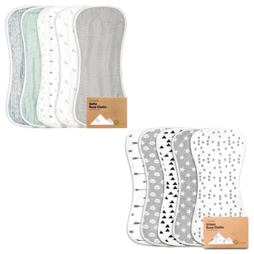 KeaBabies 5-Pack Organic Muslin Baby Burp Cloths and 5-Pack Organic Burp Cloths for Baby Boys and Girls - White Bamboo Cotton Burp Cloth - Ultra Absorbent Burping Cloth, Burp Clothes, Newborn Towel