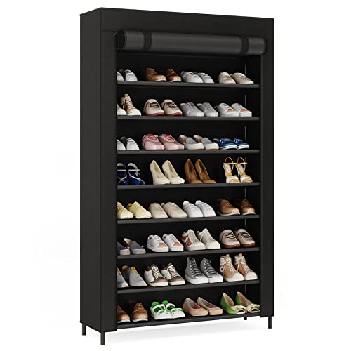 Tribesigns Shoe Rack,9 Tier Shoes Storage Rack Organizer with Nonwoven Fabric Cover,Shoe Storage Shelf for 40-50 Pairs of Shoes,Black Tall Shoes Racks (Black)