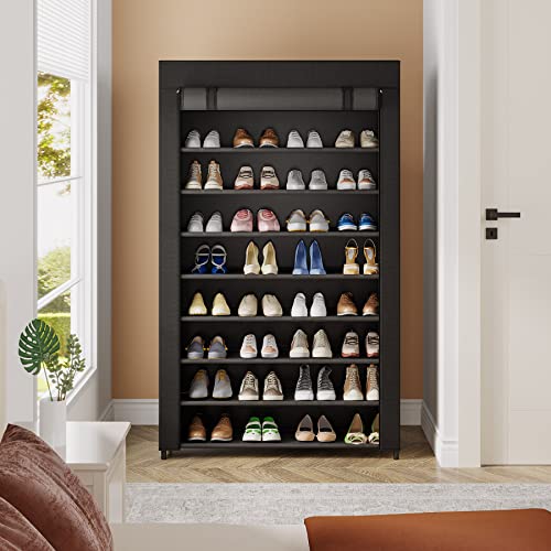 Tribesigns Shoe Rack,9 Tier Shoes Storage Rack Organizer with Nonwoven Fabric Cover,Shoe Storage Shelf for 40-50 Pairs of Shoes,Black Tall Shoes Racks (Black)