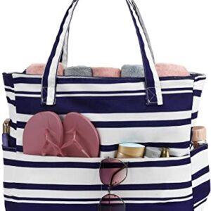 LEDAOU Beach Bag Sandproof Women Tote Bag Pool Bag with Zipper for Gym Grocery Travel with Wet Pocket (Blue White Stripes)