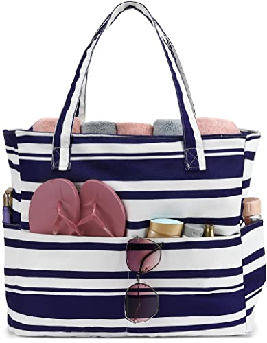 LEDAOU Beach Bag Sandproof Women Tote Bag Pool Bag with Zipper for Gym Grocery Travel with Wet Pocket (Blue White Stripes)