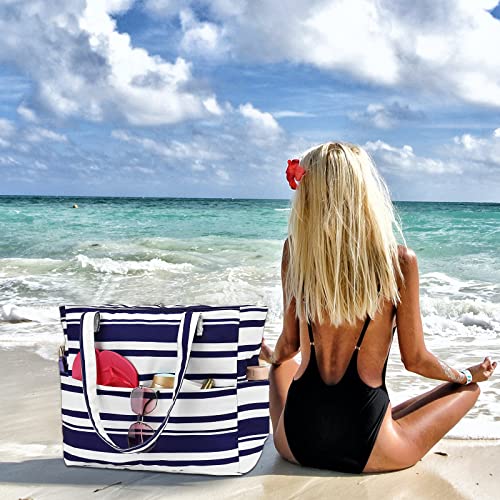 LEDAOU Beach Bag Sandproof Women Tote Bag Pool Bag with Zipper for Gym Grocery Travel with Wet Pocket (Blue White Stripes)