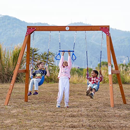 Dolphin Playground Wooden Swing Sets for Backyard, Family DIY Kit for Any Swings, Outdoor Playset for Kids with Trapeze Swing Bar and 2 Belt Swings, Heavy Duty Playground Accessories, Ages 3-12