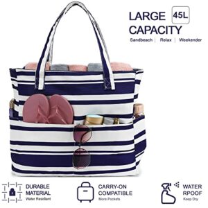 LEDAOU Beach Bag Sandproof Women Tote Bag Pool Bag with Zipper for Gym Grocery Travel with Wet Pocket (Blue White Stripes)