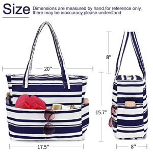 LEDAOU Beach Bag Sandproof Women Tote Bag Pool Bag with Zipper for Gym Grocery Travel with Wet Pocket (Blue White Stripes)