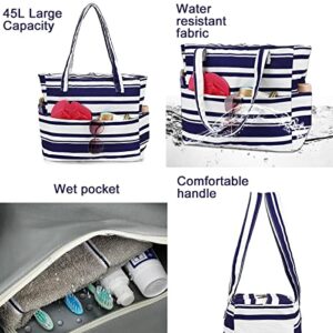 LEDAOU Beach Bag Sandproof Women Tote Bag Pool Bag with Zipper for Gym Grocery Travel with Wet Pocket (Blue White Stripes)