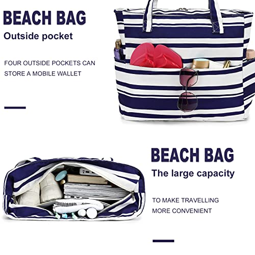 LEDAOU Beach Bag Sandproof Women Tote Bag Pool Bag with Zipper for Gym Grocery Travel with Wet Pocket (Blue White Stripes)