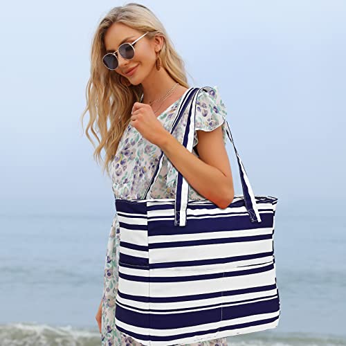 LEDAOU Beach Bag Sandproof Women Tote Bag Pool Bag with Zipper for Gym Grocery Travel with Wet Pocket (Blue White Stripes)