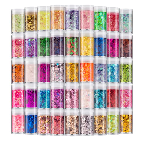 Holographic Chunky and Fine Glitter Mix, 45 Colors Festival Chunky Sequins & Fine Glitter Powder, Iridescent Glitter Flakes, Cosmetic Face Body Eye Hair Nail Art Resin Tumbler Glitter Loose Glitter