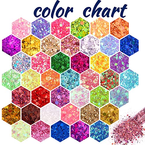 Holographic Chunky and Fine Glitter Mix, 45 Colors Festival Chunky Sequins & Fine Glitter Powder, Iridescent Glitter Flakes, Cosmetic Face Body Eye Hair Nail Art Resin Tumbler Glitter Loose Glitter