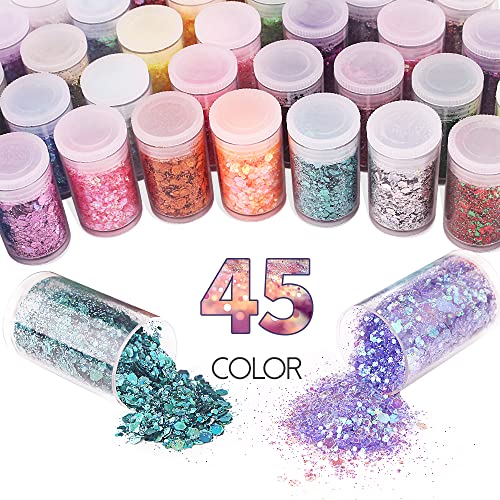 Holographic Chunky and Fine Glitter Mix, 45 Colors Festival Chunky Sequins & Fine Glitter Powder, Iridescent Glitter Flakes, Cosmetic Face Body Eye Hair Nail Art Resin Tumbler Glitter Loose Glitter