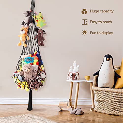 Stuffed Animal Net Or Hammock, Toy Net For Stuffed Animals, Stuffed Animal Holder With Hooks, Large Hammock For Stuffed Animals, Hanging Corner Stuffed Animal Organizer For Kids Bedroom Playroom Black