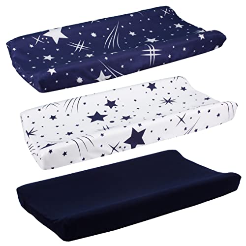 Belsden 3 Pack Microfiber Soft Changing Pad Cover, with 2 Considerate Safety Belt Holes, Durable Diaper Change Table Sheet Set for Baby Boys Girls, 16''x32''x8'', White Star & Navy & Navy Star