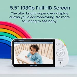 Babysense 5.5” 1080p Full HD Split-Screen Baby Monitor, Video Baby Monitor with Camera and Audio, Two PTZ Cameras, RGB Night Light, 1000ft Range, Two-Way Audio, 4X Zoom, 5000mAh Battery