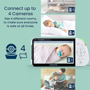 Babysense 5.5” 1080p Full HD Split-Screen Baby Monitor, Video Baby Monitor with Camera and Audio, Two PTZ Cameras, RGB Night Light, 1000ft Range, Two-Way Audio, 4X Zoom, 5000mAh Battery