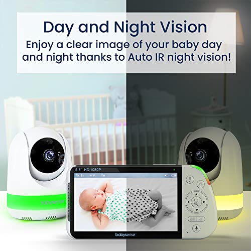 Babysense 5.5” 1080p Full HD Split-Screen Baby Monitor, Video Baby Monitor with Camera and Audio, Two PTZ Cameras, RGB Night Light, 1000ft Range, Two-Way Audio, 4X Zoom, 5000mAh Battery