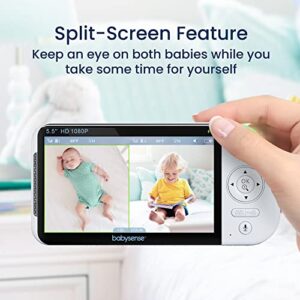 Babysense 5.5” 1080p Full HD Split-Screen Baby Monitor, Video Baby Monitor with Camera and Audio, Two PTZ Cameras, RGB Night Light, 1000ft Range, Two-Way Audio, 4X Zoom, 5000mAh Battery