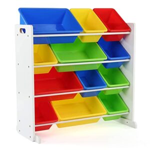 Humble Crew, White/Primary Kids' Toy Storage Organizer with 12 Plastic Bins & Natural Wood/Primary Kids Book Rack Storage Bookshelf, 4 Tiers, Toddler